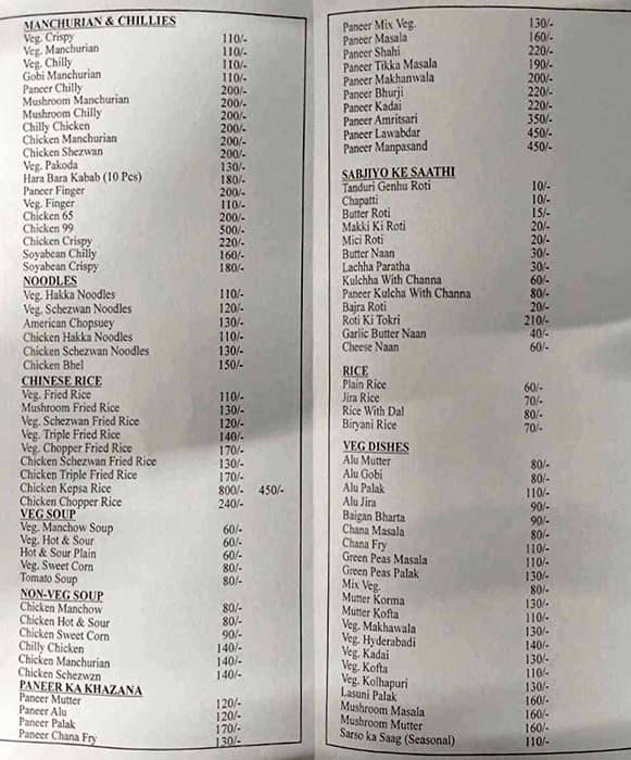 Menu of Ronak Dhaba, Palghar, Mumbai