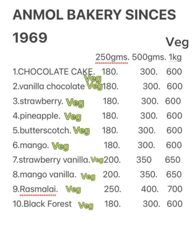 Menu of Anmol Bakery, Bhayandar, Mumbai