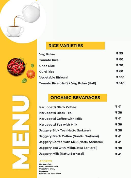 Menu of Murugan Cafe, Shanti Nagar, Bangalore
