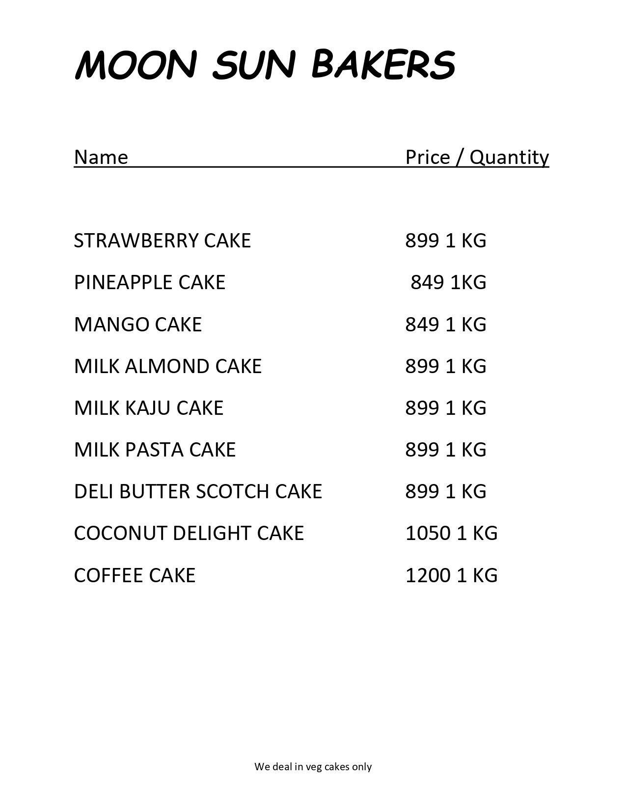 Menu of Moon Sun Bakers, Sector 51, Noida