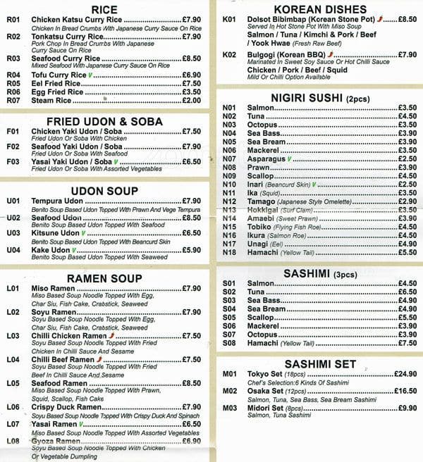 Menu at Midori Japanese Restaurant, London