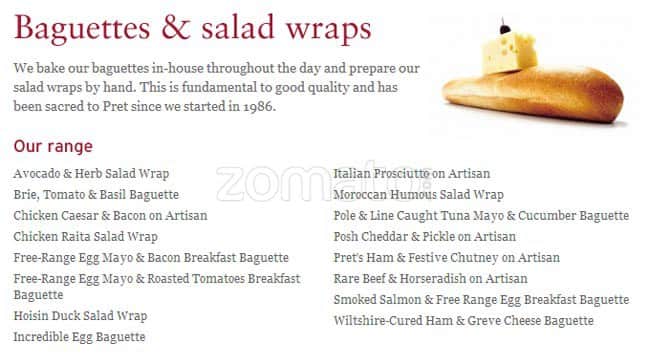 Menu at Pret A Manger cafe, Birmingham, 52 New St