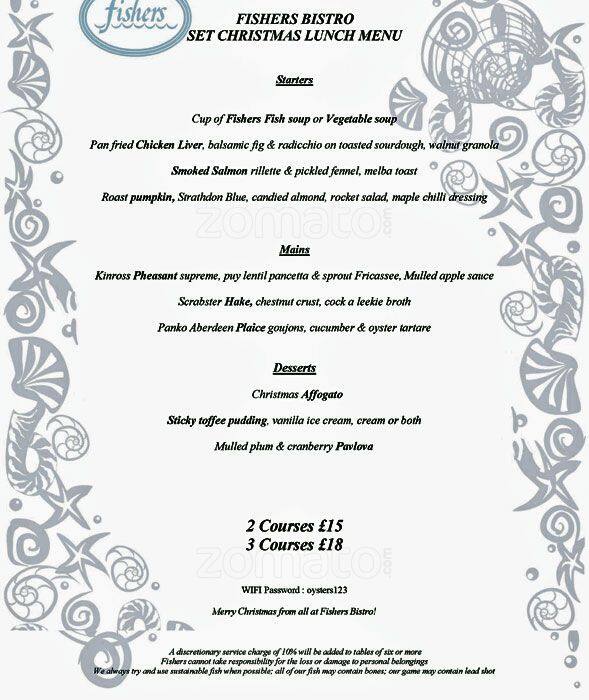 Menu at Fishers restaurant, Edinburgh