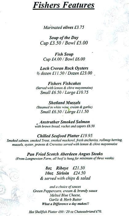 Menu at Fishers restaurant, Edinburgh