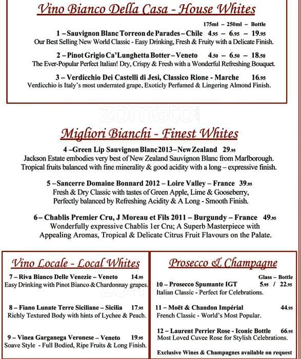 Menu at Teatro restaurant, Glasgow