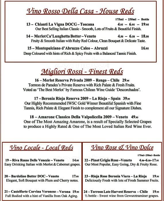 Menu at Teatro restaurant, Glasgow