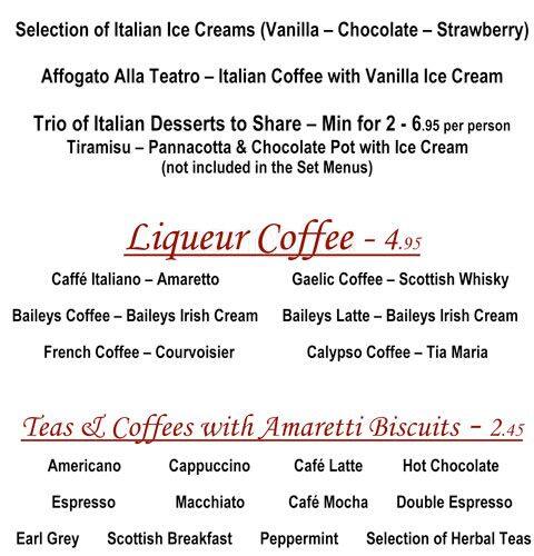 Menu at Teatro restaurant, Glasgow