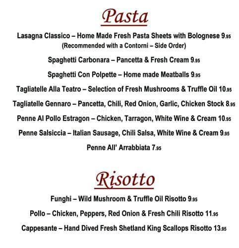 Menu at Teatro restaurant, Glasgow