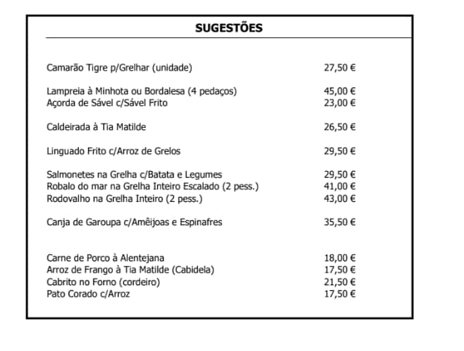 Menu em Adega da Tia Matilde restaurante, Lisboa