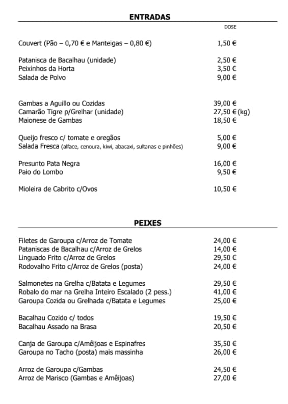 Carta del restaurante Adega da Tia Matilde, Lisboa