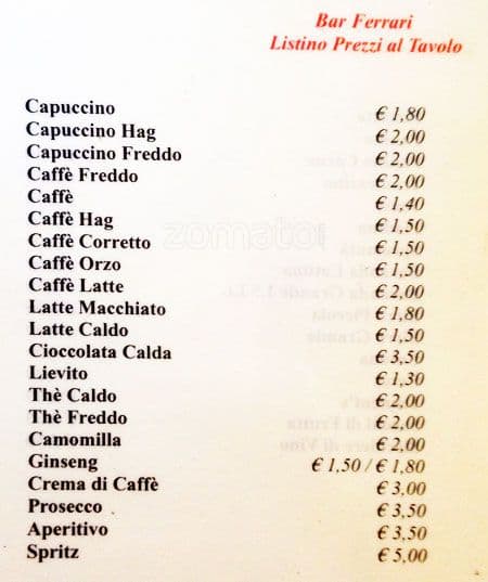 Menu at Bar Ferrari, Rome, Largo Trionfale