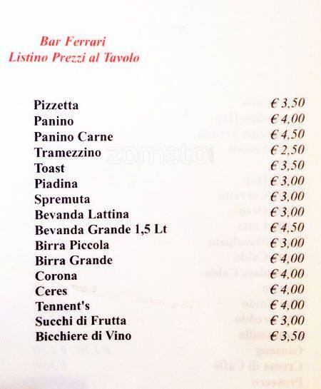 Menu at Bar Ferrari, Rome, Largo Trionfale