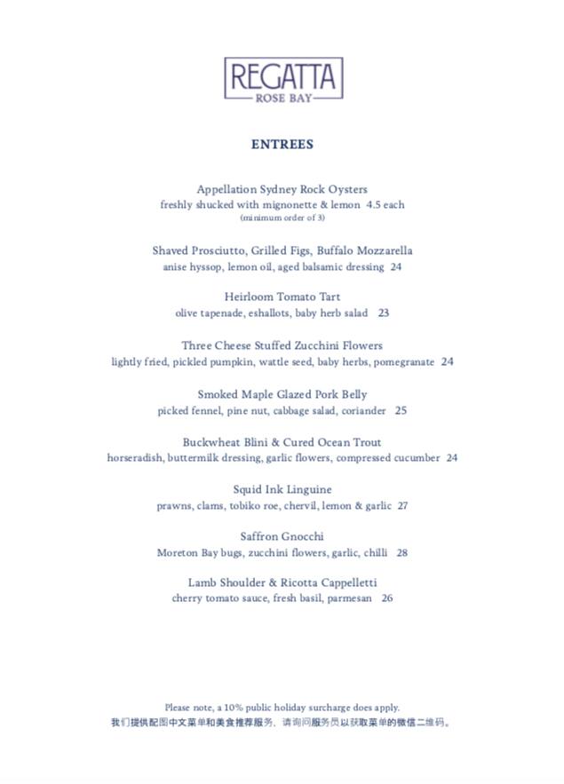 Menu at Regatta Rose Bay pub & bar, Bellevue Hill