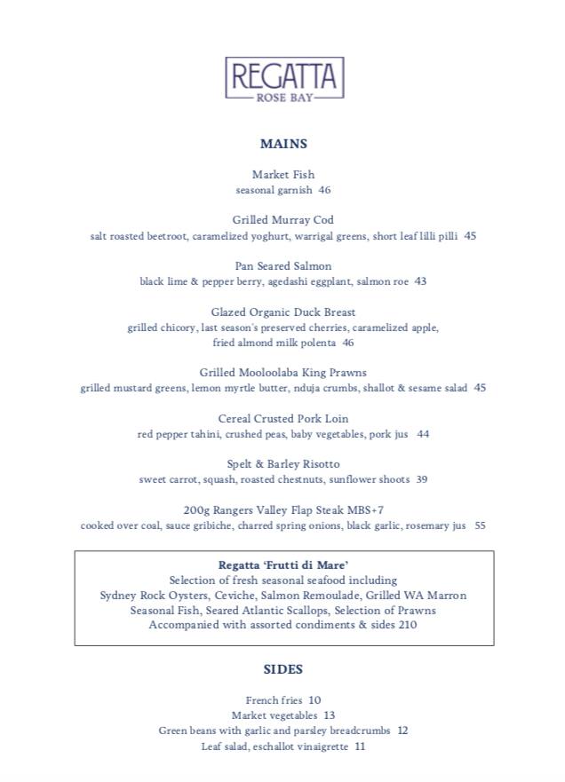 Menu at Regatta Rose Bay pub & bar, Bellevue Hill
