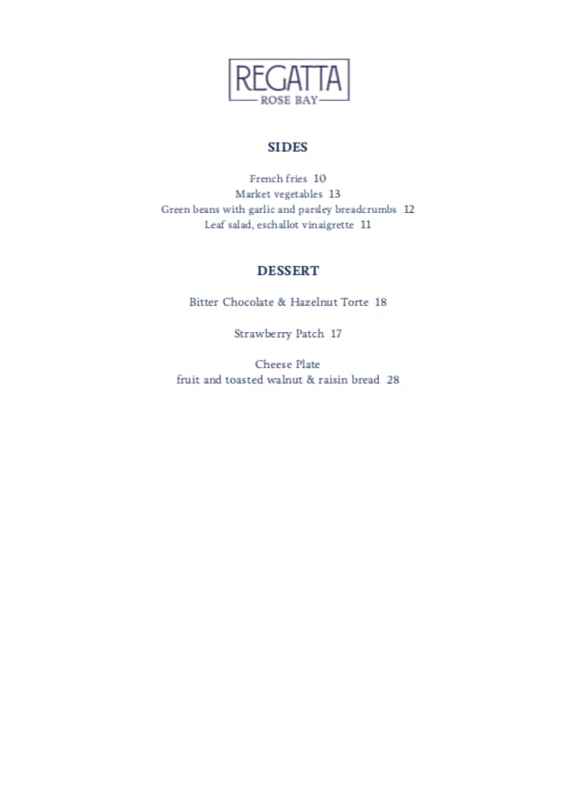 Menu at Regatta Rose Bay pub & bar, Bellevue Hill