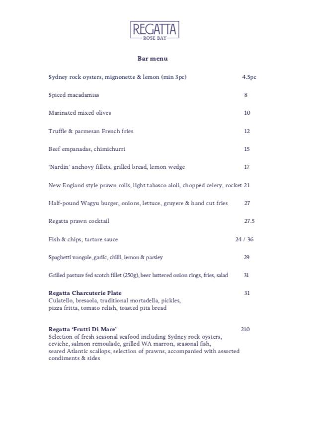 Menu at Regatta Rose Bay pub & bar, Bellevue Hill