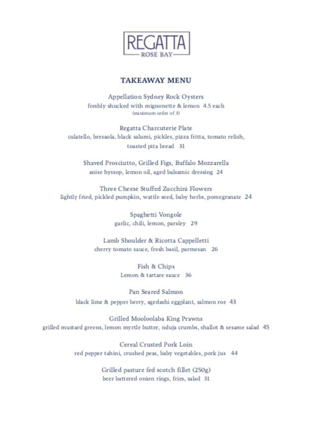 Menu at Regatta Rose Bay pub & bar, Bellevue Hill