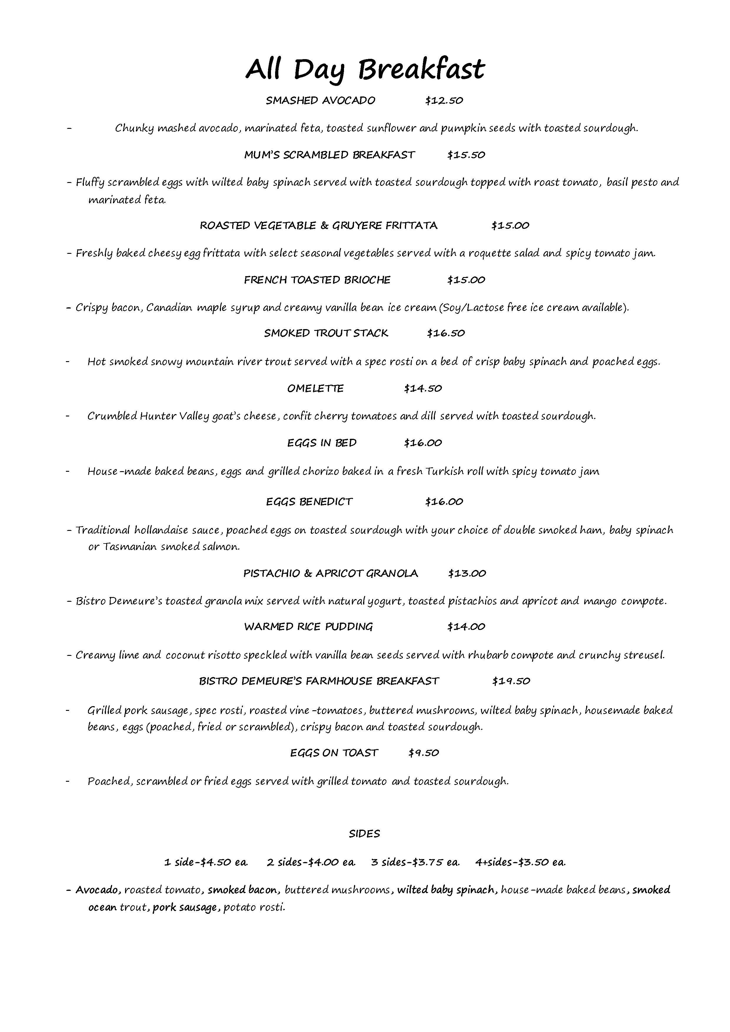 Menu at Bistro Demeure and Cafe, Maitland