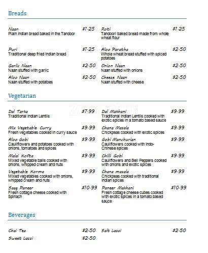 Menu at Bengal buffet restaurant, Aurora