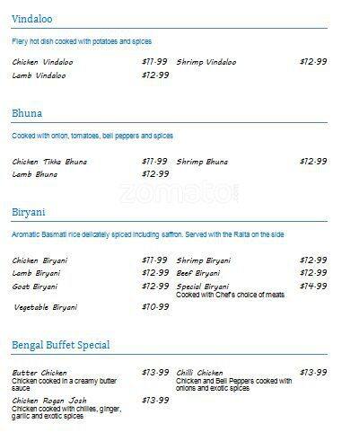 Menu at Bengal buffet restaurant, Aurora