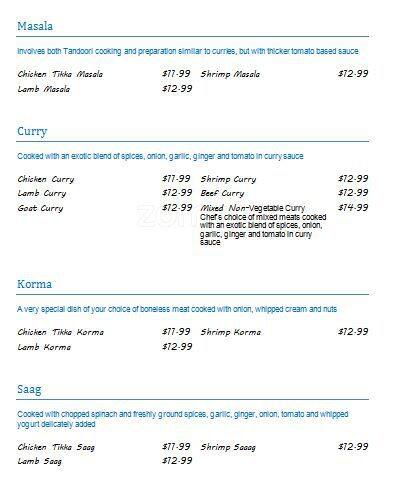 Menu at Bengal buffet restaurant, Aurora