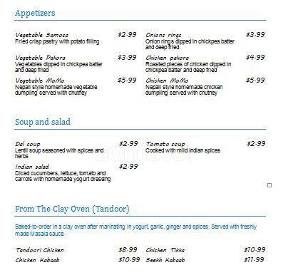 Menu at Bengal buffet restaurant, Aurora