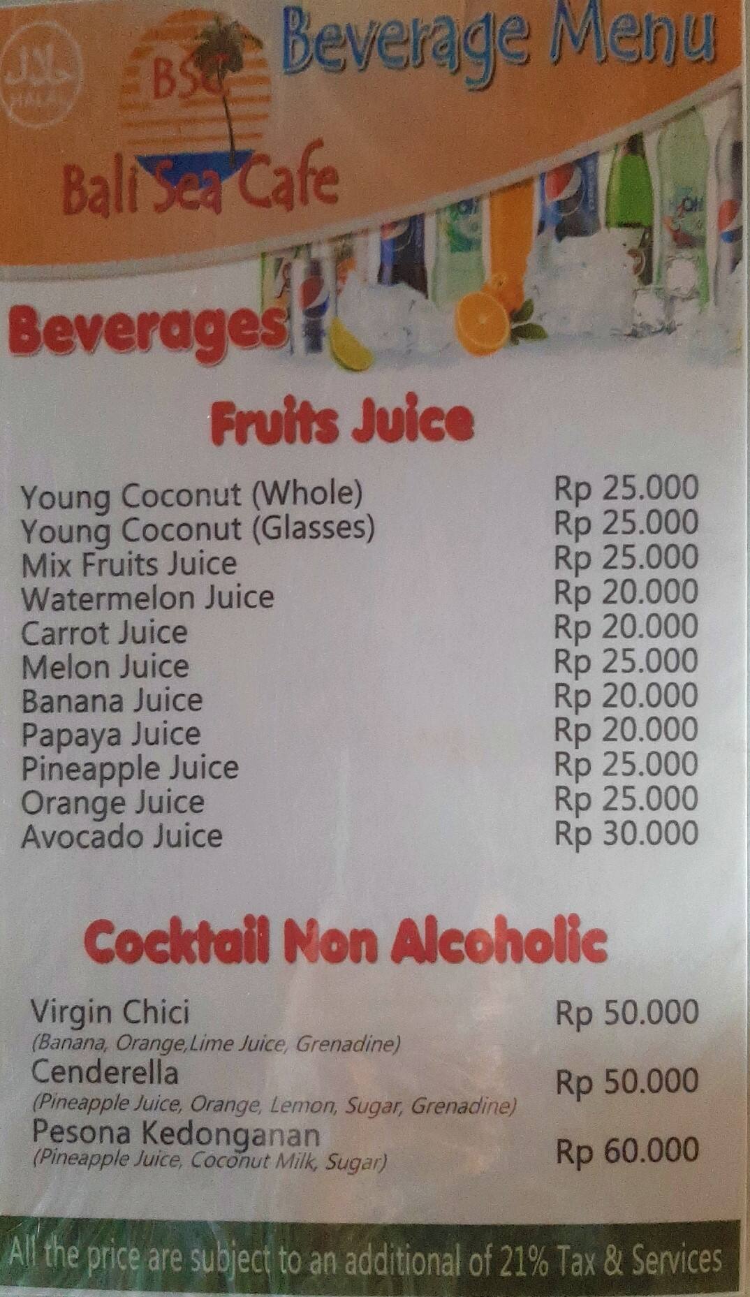 Menu at Restaurant Bali Sea Cafe, Jimbaran