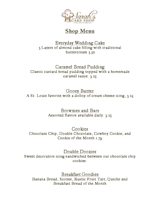 Menu at Sarah's Cake Shop desserts, Chesterfield