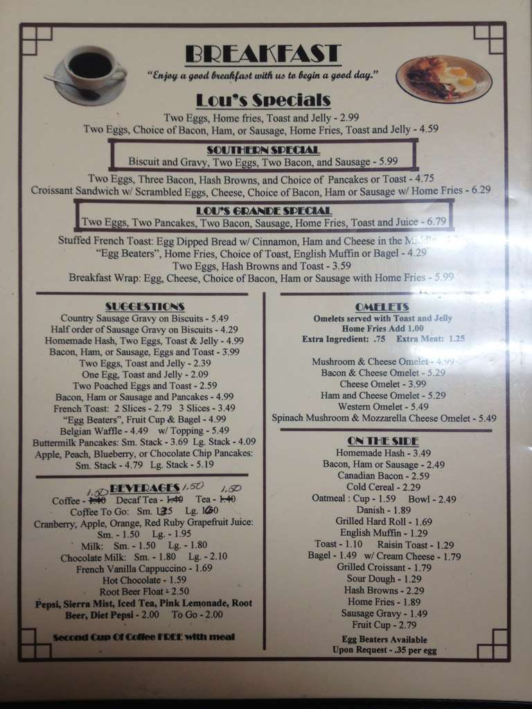 Menu at Lou's restaurant, North Tonawanda