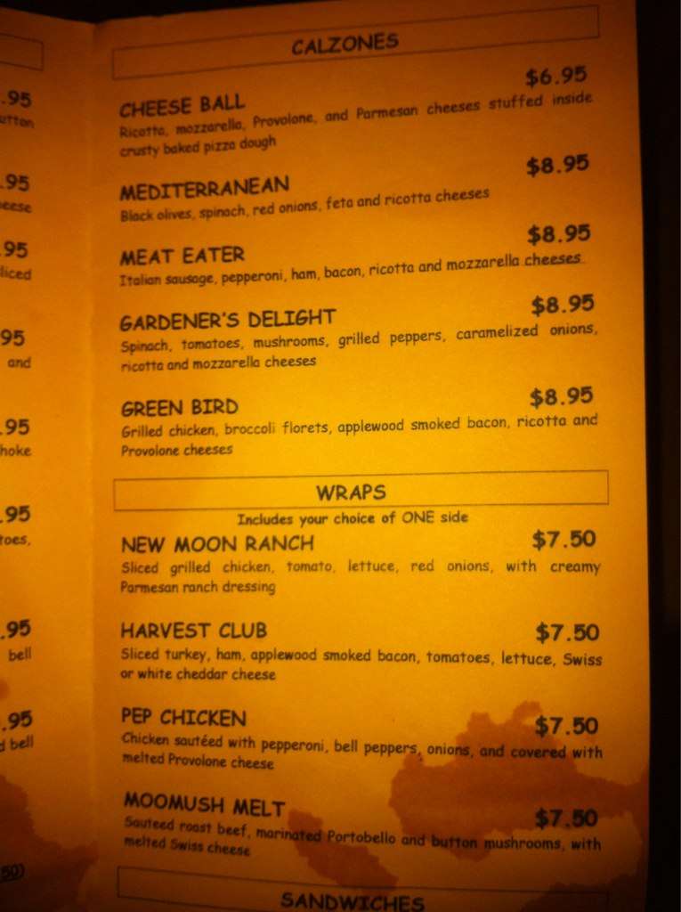 Menu at Harvest Moon pizzeria, Albany, Dawson Rd