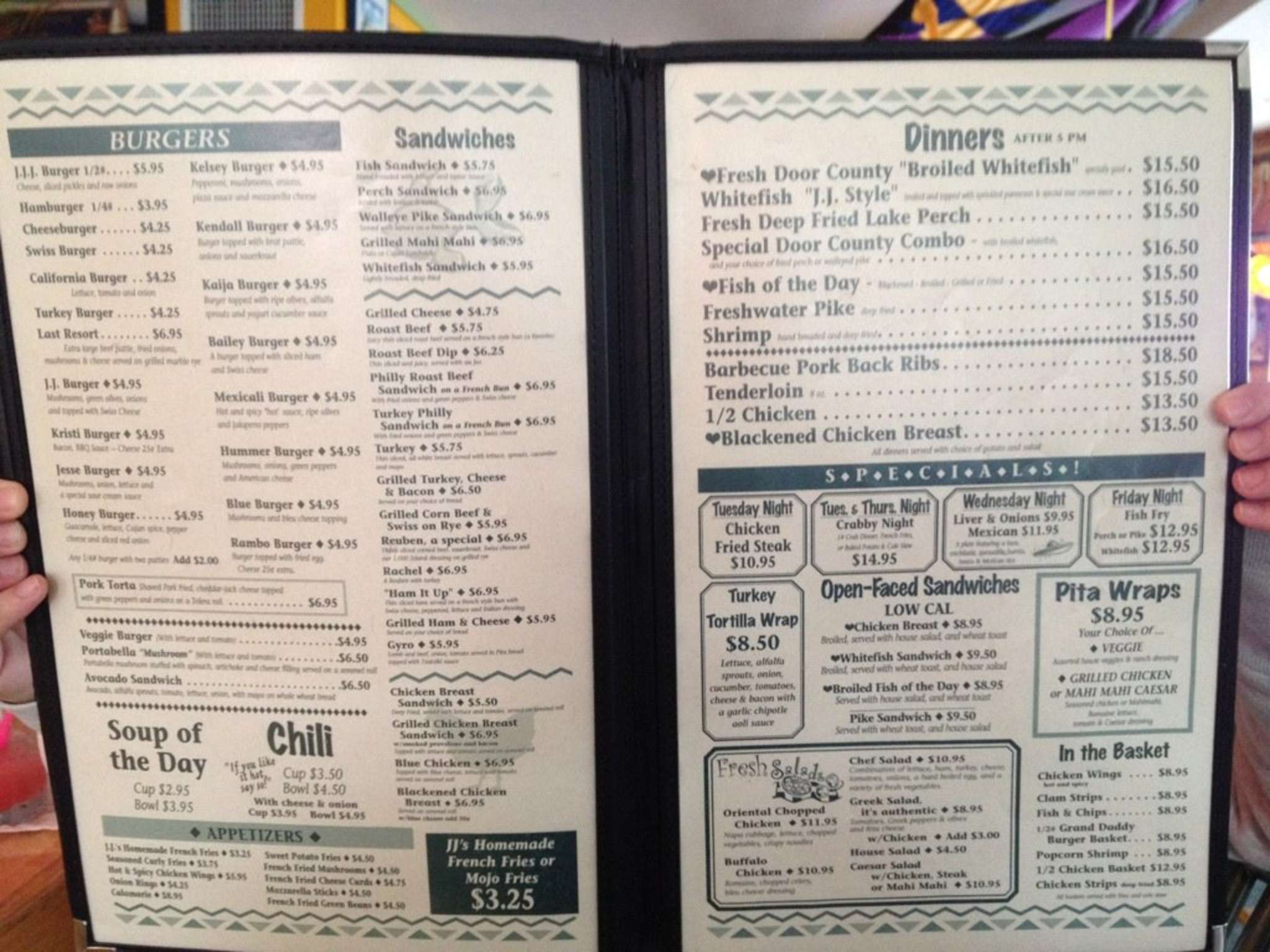 Menu at J J's, Sister Bay