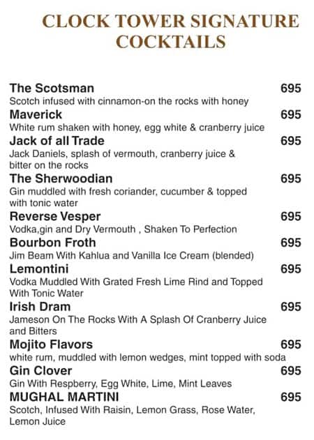 Menu of Clock Tower, Golf Course Road, Gurgaon