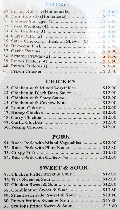 Menu at Kwong's Chinese & Noodle restaurant, Frankston North