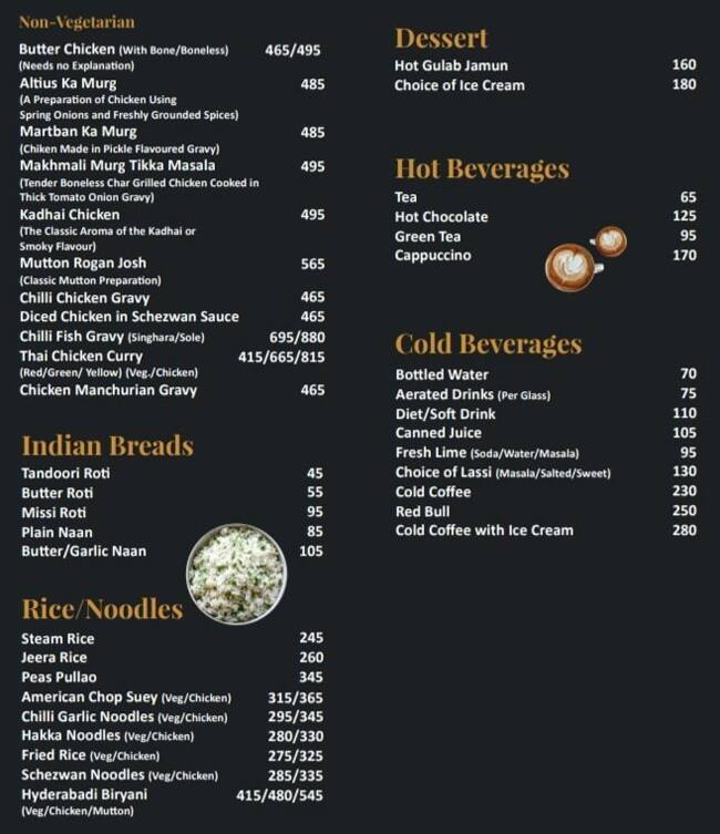 Menu at House of Lords, The Altius Hotel, Chandigarh