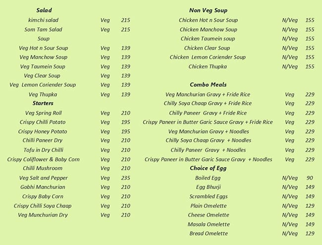 Menu of Starving Panda, Sector 46, Gurgaon
