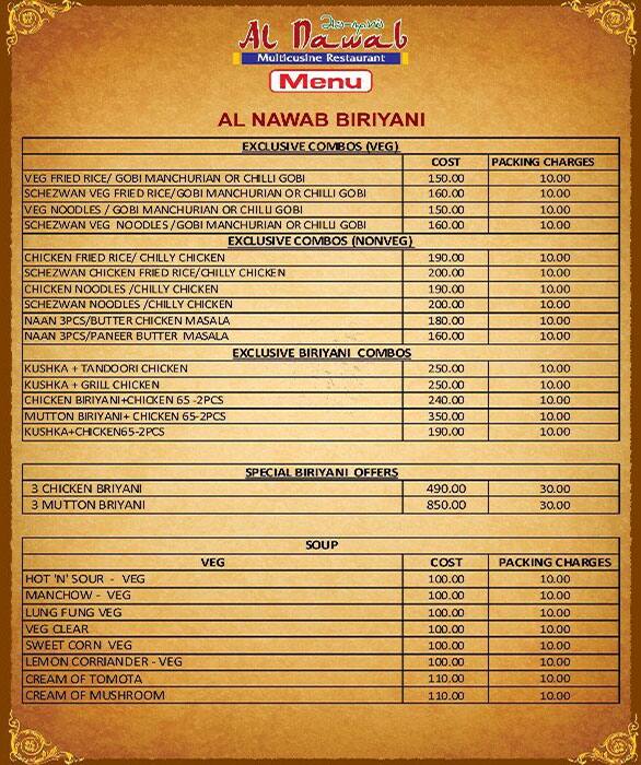 Menu of Al Nawab Biriyani, Chromepet, Chennai