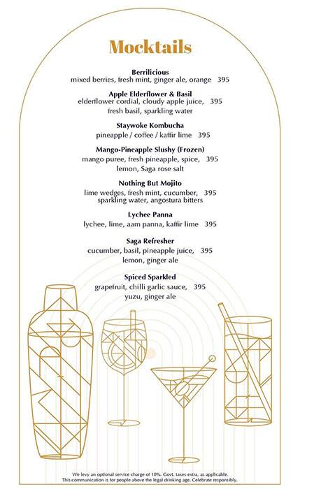 Menu of Saga, Golf Course Road, Gurgaon