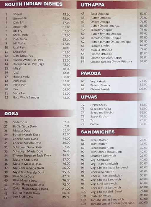 Menu of Hotel Dwarka, Kurla, Mumbai