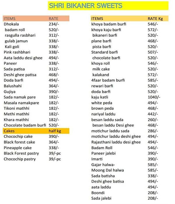 Menu of Shri Bikaner Sweets, Sector 44, Noida
