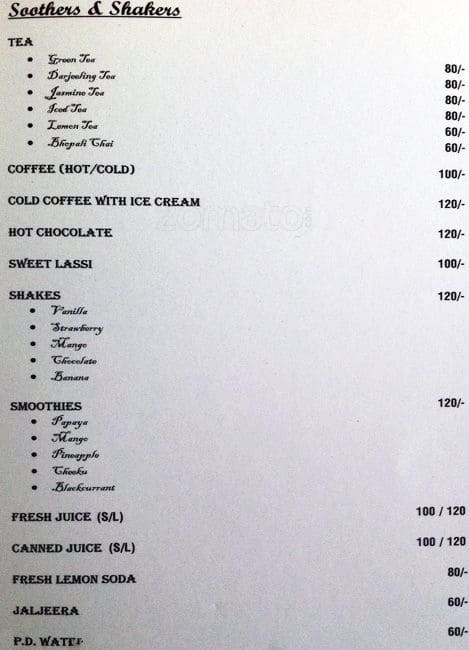 Menu at Kinara, Bhopal, Shamla Hills