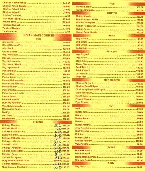 Menu at Hotel Shashi, Mumbai, Prabhadevi Veer Savarkar Road