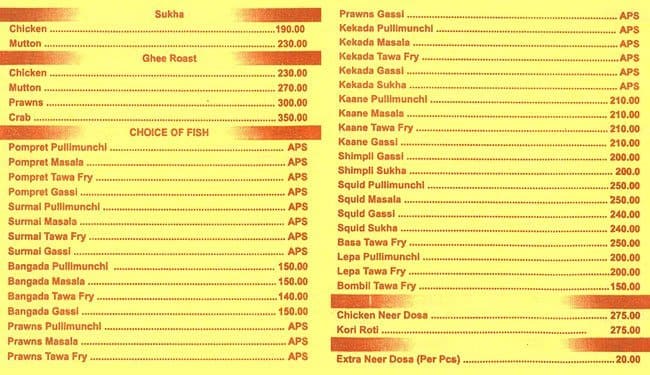 Menu at Hotel Shashi, Mumbai, Prabhadevi Veer Savarkar Road