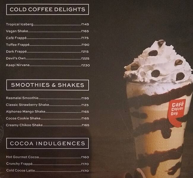 Menu at Café Coffee Day, Nagpur, Inside Poonam Chambers