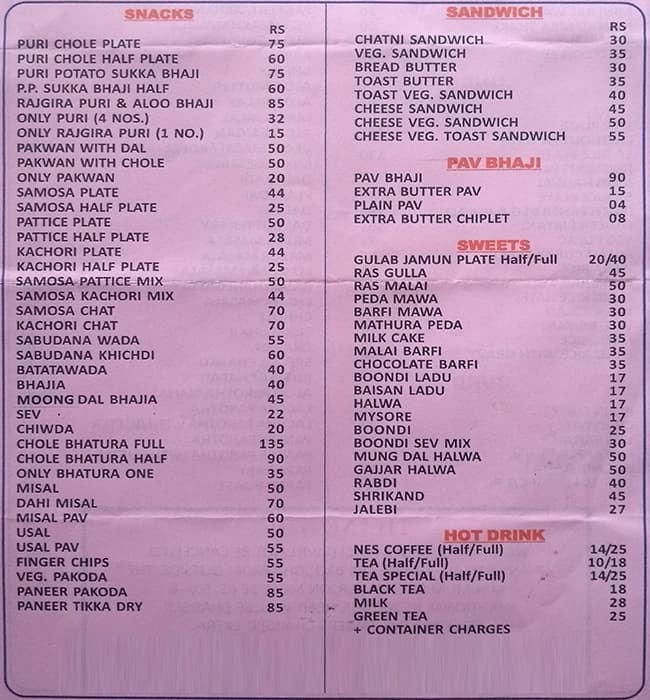 Menu of Punjabi Moti Halwai, Fort, Mumbai