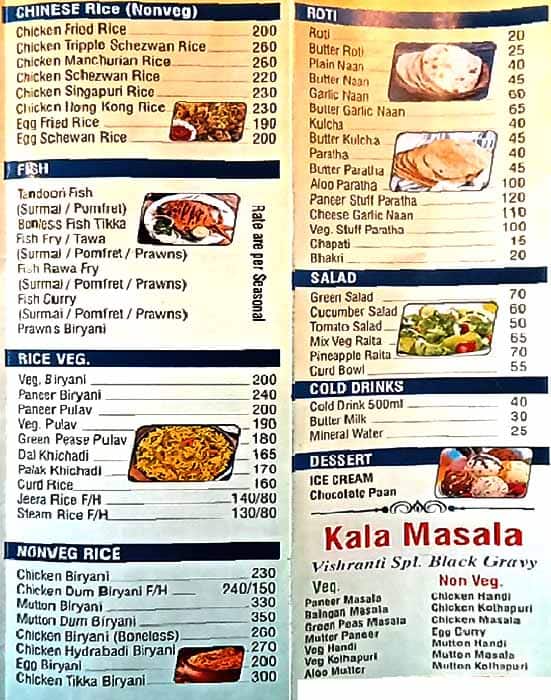 Menu of Hotel Vishranti, Vishrantwadi, Pune