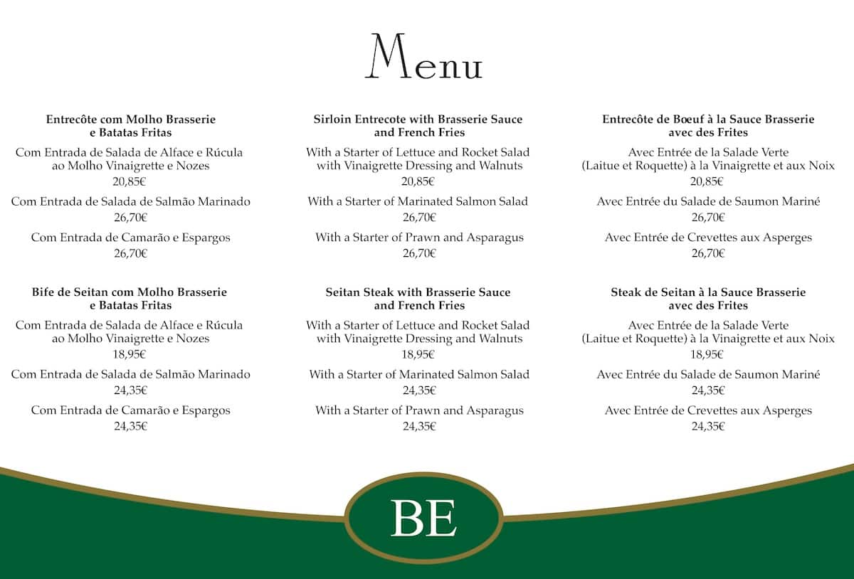 Menu em La Brasserie de l'Entrecote restaurante, Cascais