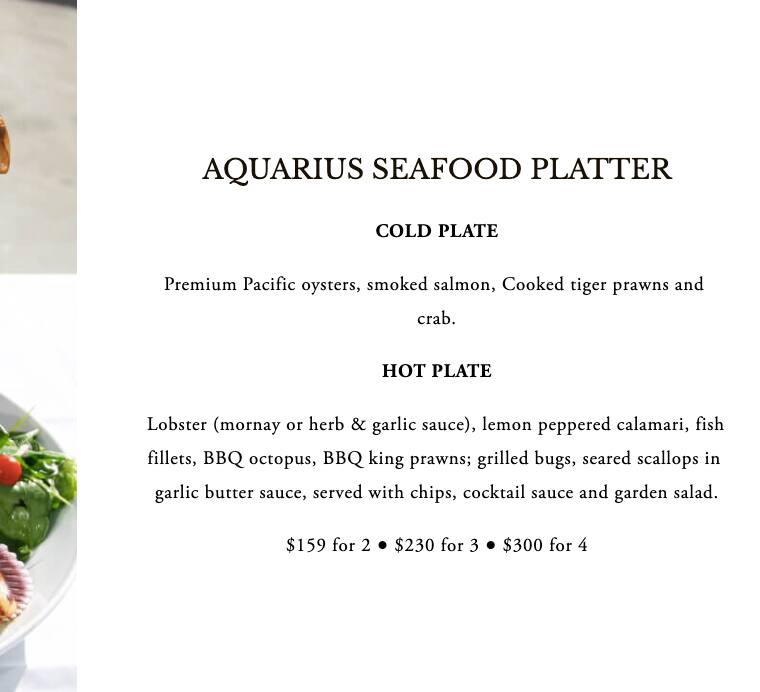 Menu at Aquarius Seafood Restaurant, Georges Hall