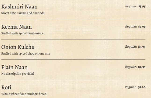 Menu at Bay Leaf restaurant, Tarragindi