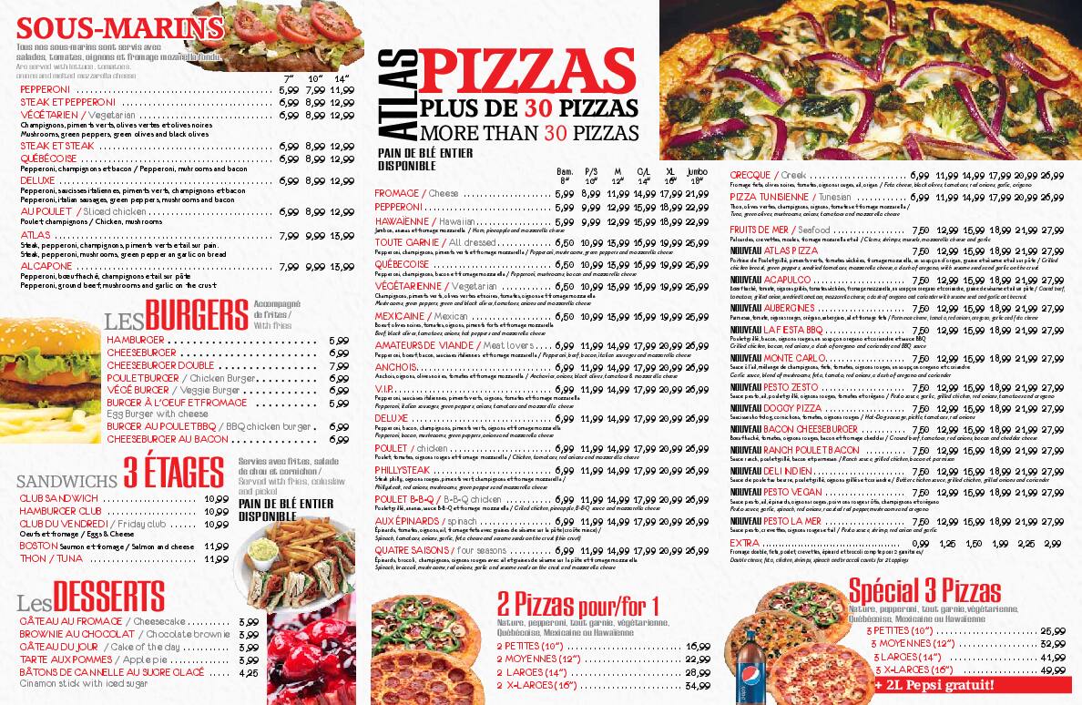 Menu au Atlas Pizza restaurant, Montreal, St Andre St