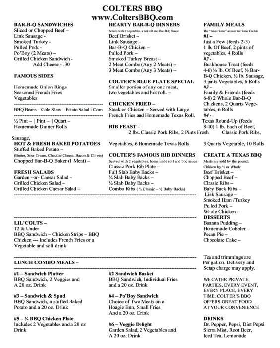 Menu at Colters Bar B Que, Dallas